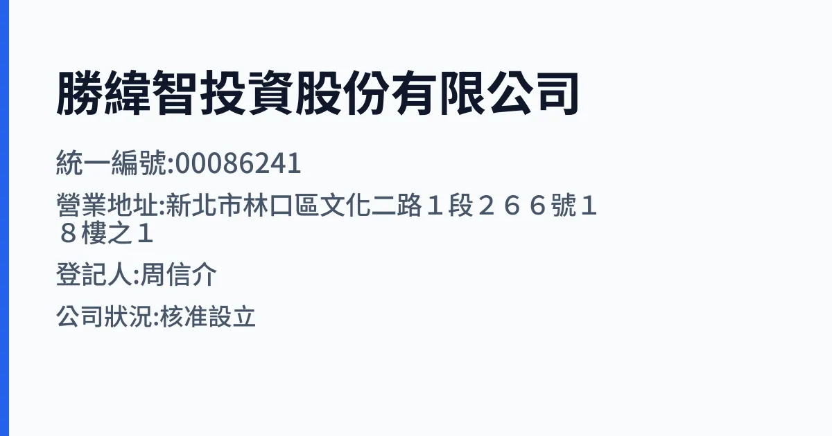 勝緯智投資股份有限公司 - 統編 00086241(新北市) 公司登記資料與營業項目詳細圖表