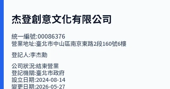 杰登創意文化有限公司的照片-統編 00086376(臺北市) 公司登記資料與營業項目詳細圖表