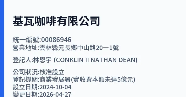 基瓦咖啡有限公司的照片-統編 00086946(雲林縣) 公司登記資料與營業項目詳細圖表