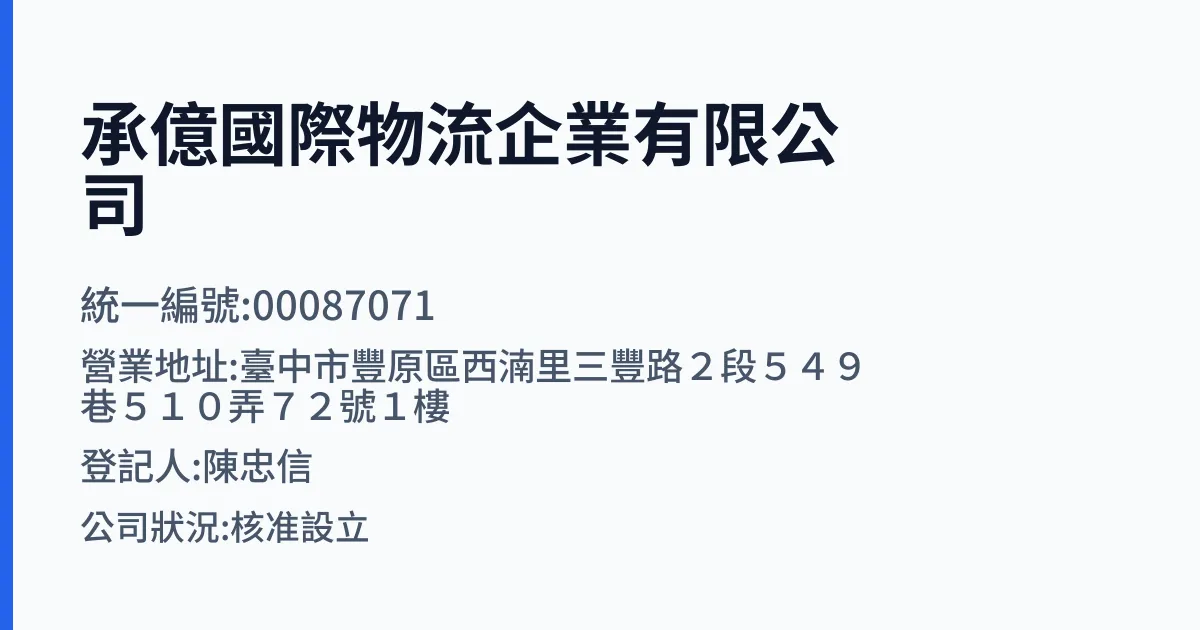 承億國際物流企業有限公司 - 統編 00087071(彰化縣) 公司登記資料與營業項目詳細圖表