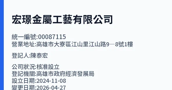 宏璟金屬工藝有限公司的照片-統編 00087115(高雄市) 公司登記資料與營業項目詳細圖表