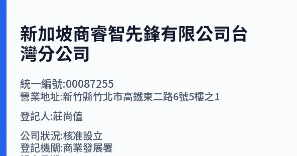 新加坡商睿智先鋒有限公司台灣分公司的照片-統編 00087255(新竹縣) 公司登記資料與營業項目詳細圖表