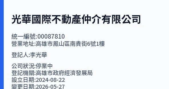 光華國際不動產仲介有限公司的照片-統編 00087810(高雄市) 公司登記資料與營業項目詳細圖表