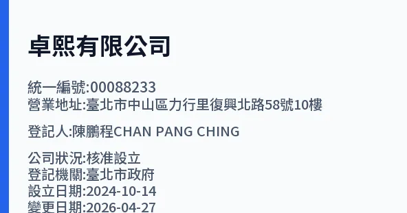 卓熙有限公司的照片-統編 00088233(臺北市) 公司登記資料與營業項目詳細圖表