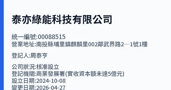 泰亦綠能科技有限公司的照片-統編 00088515(南投縣) 公司登記資料與營業項目詳細圖表