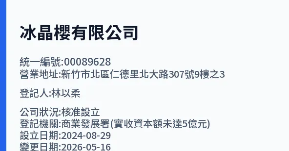 冰晶櫻有限公司的照片-統編 00089628(新竹市) 公司登記資料與營業項目詳細圖表