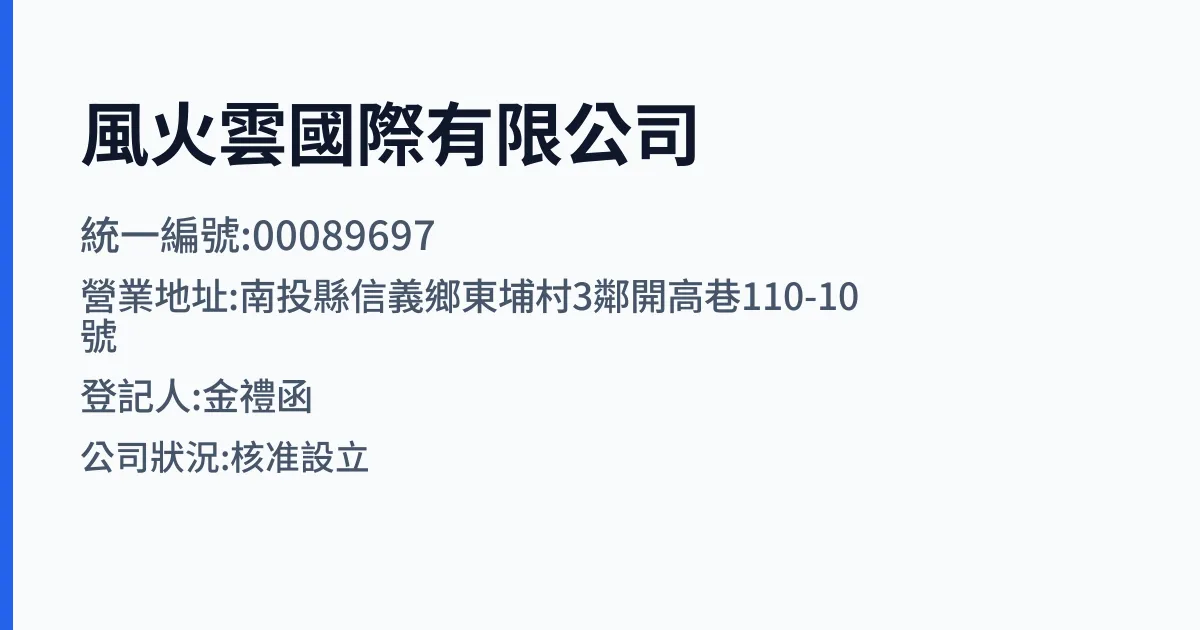 風火雲國際有限公司 - 統編 00089697(南投縣) 公司登記資料與營業項目詳細圖表