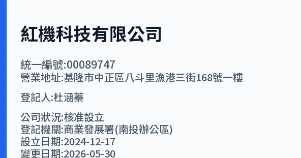 紅機科技有限公司的照片-統編 00089747(基隆市) 公司登記資料與營業項目詳細圖表