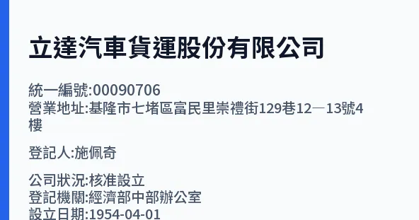 立達汽車貨運股份有限公司的照片-統編 00090706(基隆市) 公司登記資料與營業項目詳細圖表