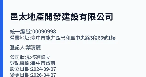 邑太地產開發建設有限公司的照片-統編 00090998(臺中市) 公司登記資料與營業項目詳細圖表