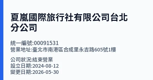 夏嵐國際旅行社有限公司台北分公司的照片-統編 00091531(臺北市) 公司登記資料與營業項目詳細圖表