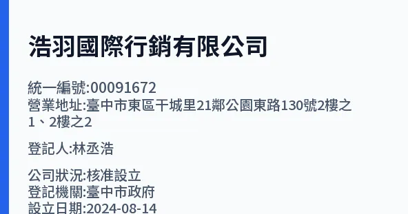 浩羽國際行銷有限公司的照片-統編 00091672(臺中市) 公司登記資料與營業項目詳細圖表