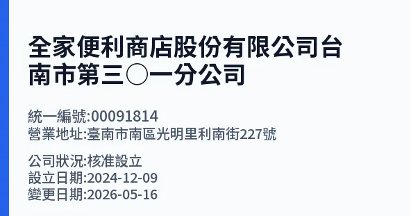 全家便利商店股份有限公司台南市第三○一分公司的照片-統編 00091814(臺南市) 公司登記資料與營業項目詳細圖表