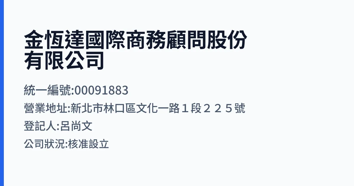 金恆達國際商務顧問股份有限公司 - 統編 00091883(新北市) 公司登記資料與營業項目詳細圖表