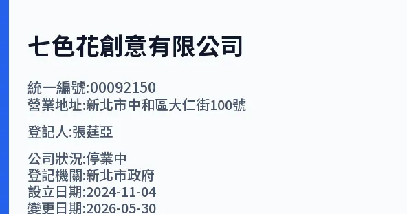 七色花創意有限公司的照片-統編 00092150(新北市) 公司登記資料與營業項目詳細圖表