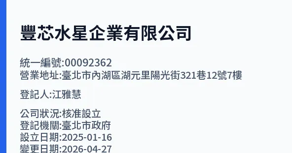 豐芯水星企業有限公司的照片-統編 00092362(臺北市) 公司登記資料與營業項目詳細圖表