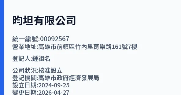 昀坦有限公司的照片-統編 00092567(高雄市) 公司登記資料與營業項目詳細圖表