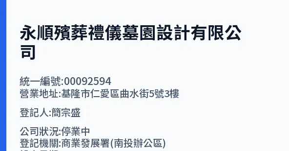 永順殯葬禮儀墓園設計有限公司的照片-統編 00092594(基隆市) 公司登記資料與營業項目詳細圖表