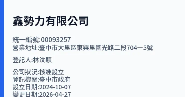 鑫勢力有限公司的照片-統編 00093257(臺中市) 公司登記資料與營業項目詳細圖表