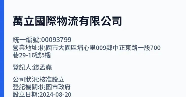 萬立國際物流有限公司的照片-統編 00093799(桃園市) 公司登記資料與營業項目詳細圖表