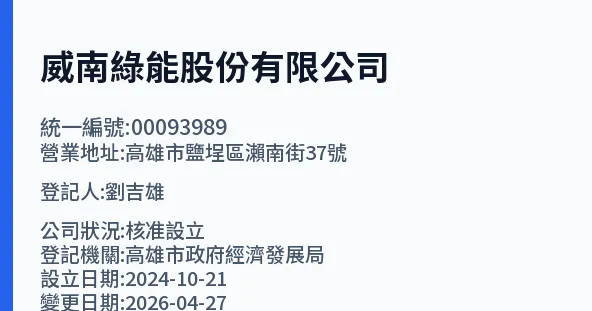 威南綠能股份有限公司的照片-統編 00093989(高雄市) 公司登記資料與營業項目詳細圖表