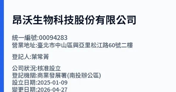 昂沃生物科技股份有限公司的照片-統編 00094283(臺北市) 公司登記資料與營業項目詳細圖表