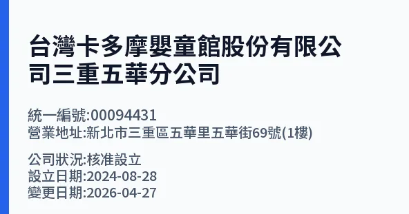 台灣卡多摩嬰童館股份有限公司三重五華分公司的照片-統編 00094431(新北市) 公司登記資料與營業項目詳細圖表