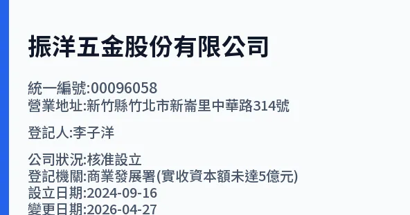 振洋五金股份有限公司的照片-統編 00096058(新竹縣) 公司登記資料與營業項目詳細圖表