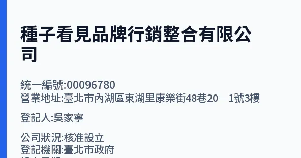 種子看見品牌行銷整合有限公司的照片-統編 00096780(臺北市) 公司登記資料與營業項目詳細圖表