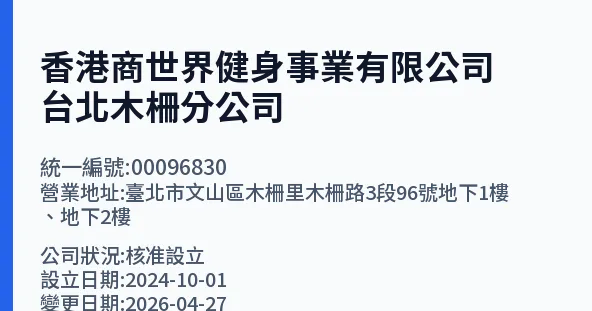 香港商世界健身事業有限公司台北木柵分公司的照片-統編 00096830(臺北市) 公司登記資料與營業項目詳細圖表
