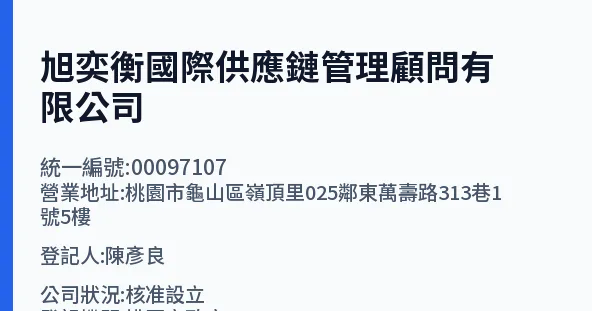 旭奕衡國際供應鏈管理顧問有限公司的照片-統編 00097107(桃園市) 公司登記資料與營業項目詳細圖表