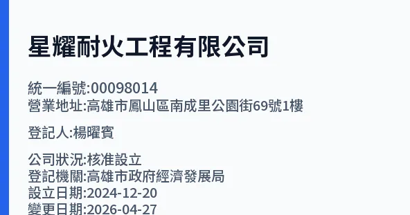 星耀耐火工程有限公司的照片-統編 00098014(高雄市) 公司登記資料與營業項目詳細圖表
