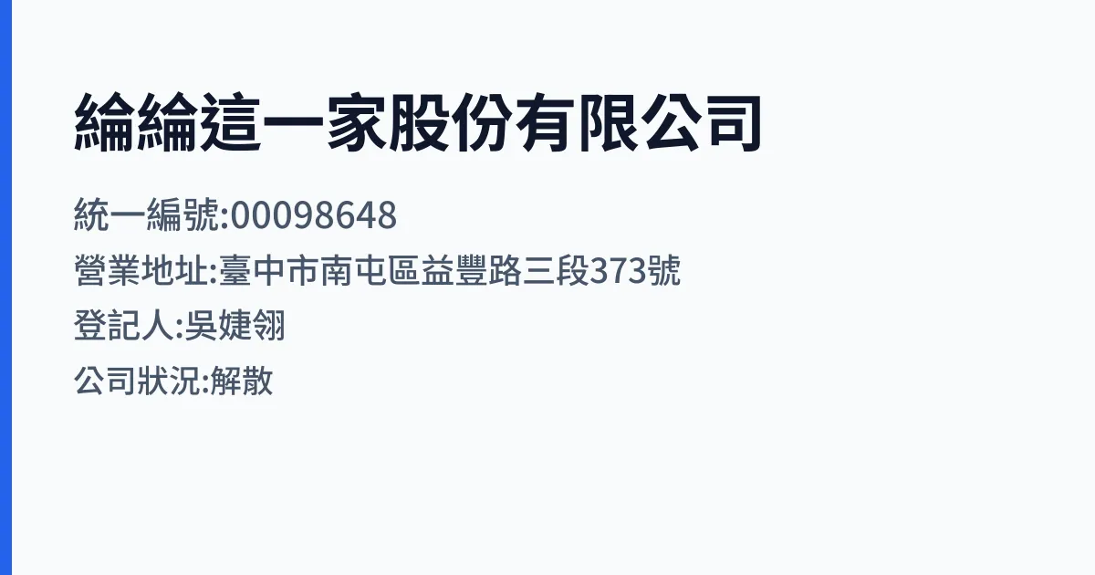 綸綸這一家股份有限公司 - 統編 00098648(臺中市) 公司登記資料與營業項目詳細圖表