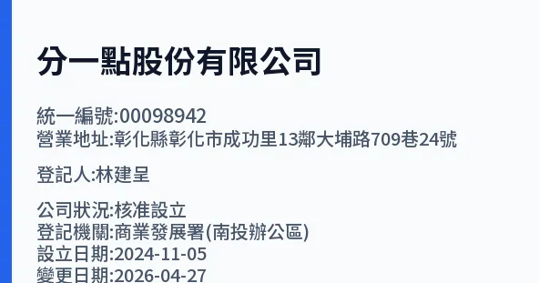 分一點股份有限公司的照片-統編 00098942(彰化縣) 公司登記資料與營業項目詳細圖表