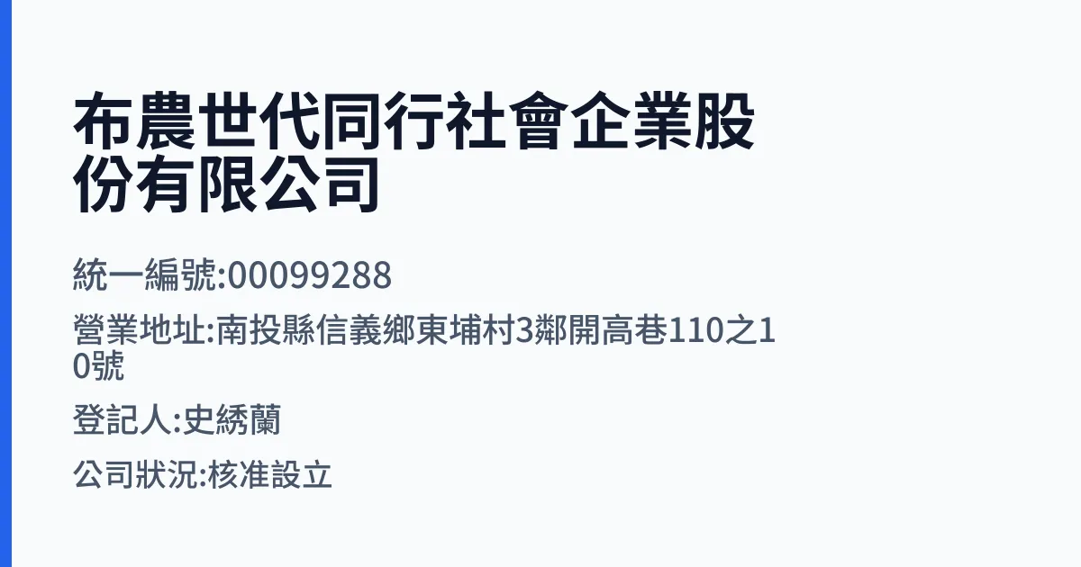 布農世代同行社會企業股份有限公司 - 統編 00099288(南投縣) 公司登記資料與營業項目詳細圖表