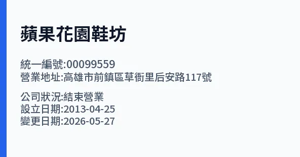 蘋果花園鞋坊的照片-統編 00099559(高雄市) 公司登記資料與營業項目詳細圖表