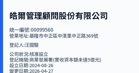 皓爾管理顧問股份有限公司的照片-統編 00099560(基隆市) 公司登記資料與營業項目詳細圖表