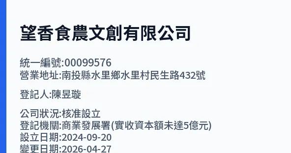 望香食農文創有限公司的照片-統編 00099576(南投縣) 公司登記資料與營業項目詳細圖表