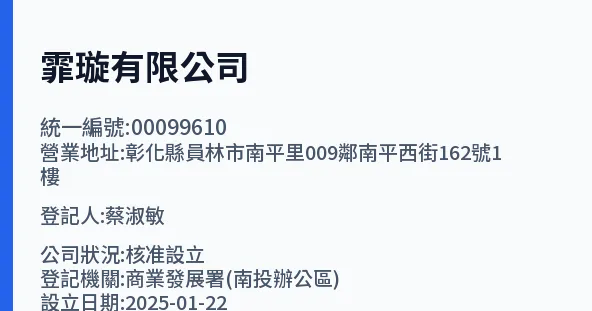 霏璇有限公司的照片-統編 00099610(彰化縣) 公司登記資料與營業項目詳細圖表