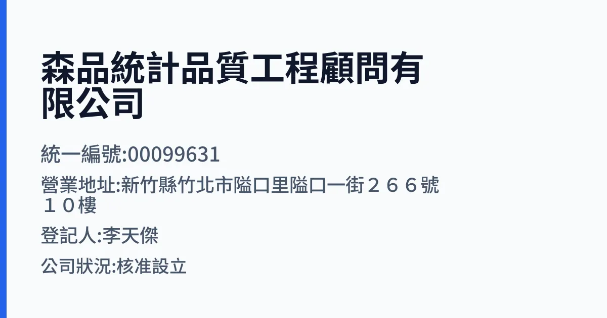 森品統計品質工程顧問有限公司 - 統編 00099631(新竹縣) 公司登記資料與營業項目詳細圖表