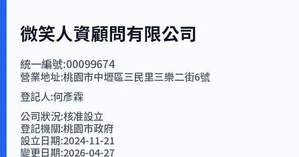 微笑人資顧問有限公司的照片-統編 00099674(桃園市) 公司登記資料與營業項目詳細圖表