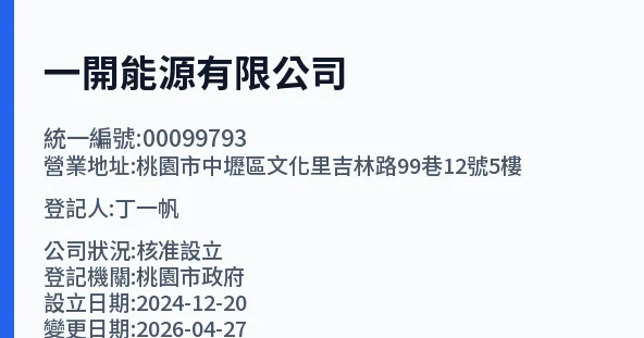 一開能源有限公司的照片-統編 00099793(桃園市) 公司登記資料與營業項目詳細圖表