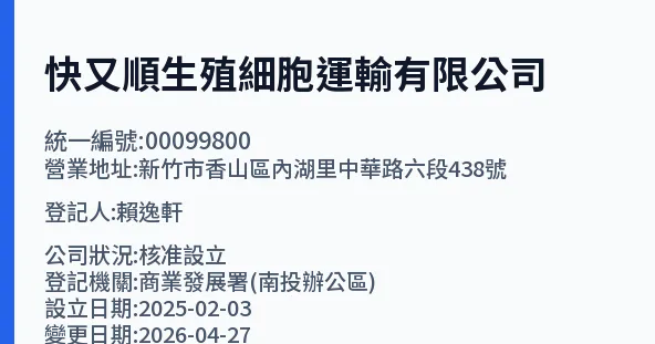快又順生殖細胞運輸有限公司的照片-統編 00099800(新竹市) 公司登記資料與營業項目詳細圖表
