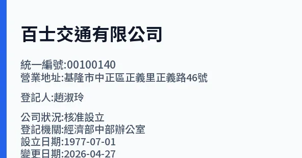百士交通有限公司的照片-統編 00100140(基隆市) 公司登記資料與營業項目詳細圖表