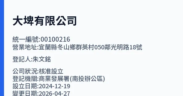 大埤有限公司的照片-統編 00100216(宜蘭縣) 公司登記資料與營業項目詳細圖表