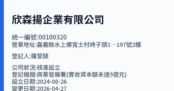 欣森揚企業有限公司的照片-統編 00100320(嘉義縣) 公司登記資料與營業項目詳細圖表