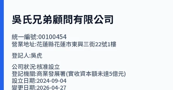 吳氏兄弟顧問有限公司的照片-統編 00100454(花蓮縣) 公司登記資料與營業項目詳細圖表
