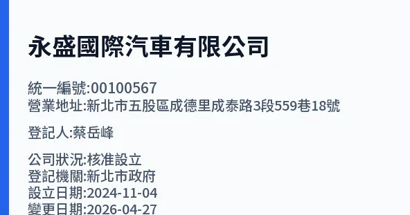永盛國際汽車有限公司的照片-統編 00100567(新北市) 公司登記資料與營業項目詳細圖表