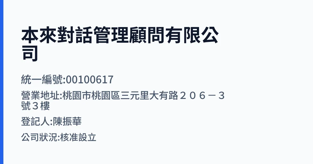 本來對話管理顧問有限公司 - 統編 00100617(桃園市) 公司登記資料與營業項目詳細圖表