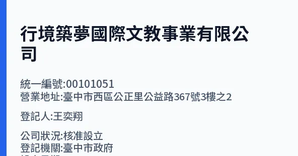 行境築夢國際文教事業有限公司的照片-統編 00101051(臺中市) 公司登記資料與營業項目詳細圖表